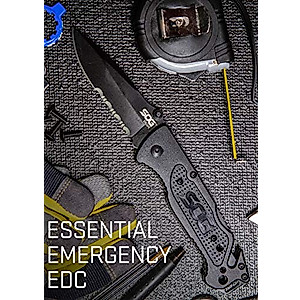 SOG Escape Tactical Folding Knife- 3.4 Inch Serrated Edge Blade Emergency Pocket Knife with Glass Breaker, Wire Stripper and Line Cutter Blades-Black (FF25-CP)