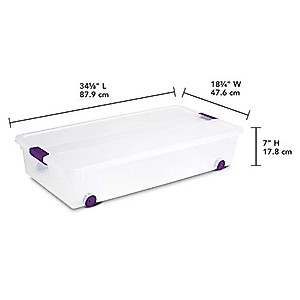 Sterilite 17611704 60 Quart/57 Liter ClearView Latch Wheeled Underbed Box, Clear Lid and Base with Sweet Plum Latches and Wheels, 4-Pack