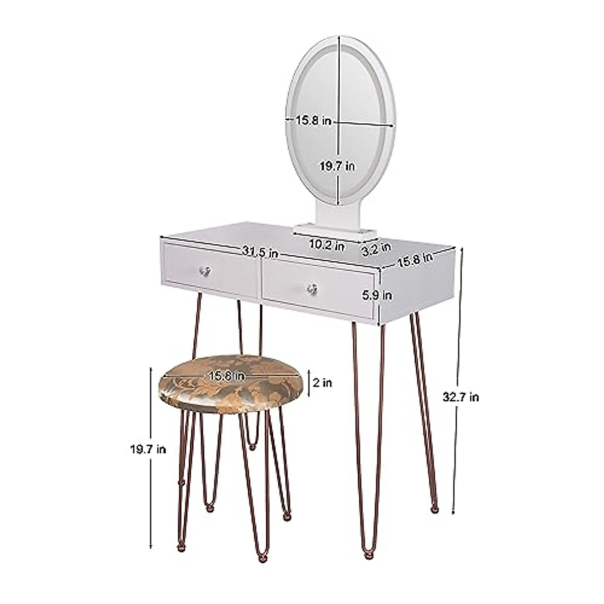 Kindmin Makeup Vanity Table Set with 3 Modes Adjustable Lighted Mirror Cushioned Stool, Dressing Table for Small Space