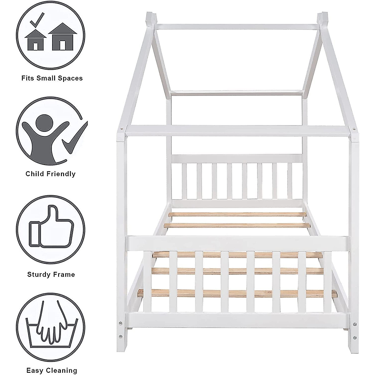 Harper & Bright Designs Twin House Bed for Kids, Floor Bed Frame Twin with Headboard and Footboard, Wooden Twin Kids Bed Montessori Floor Bed for Toddlers, Girls, Boys,White