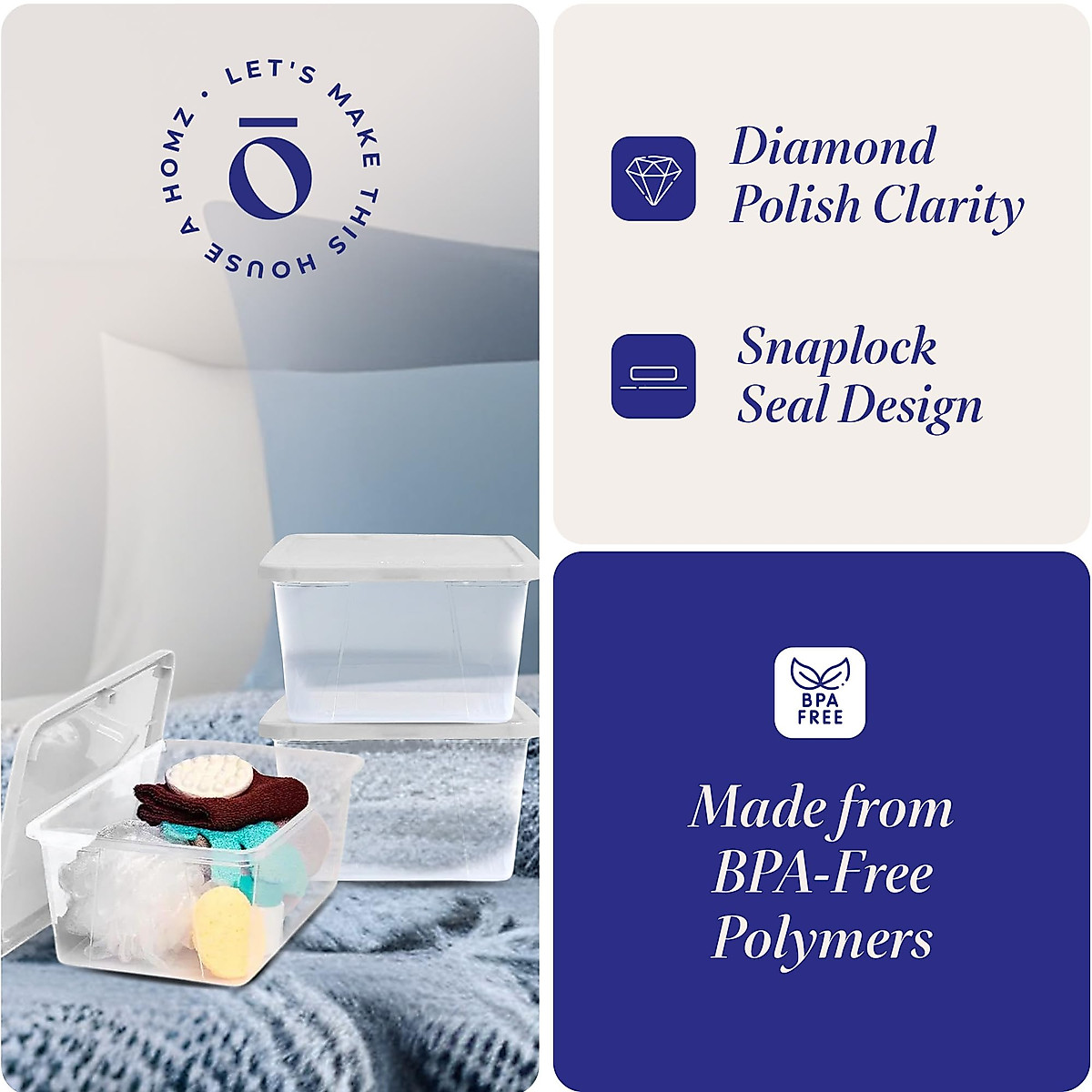 HOMZ 6 Quart Plastic Multipurpose Stackable Storage Container Bins with Secure Latching Lid for Home and Office Organization, Clear (2 Pack)