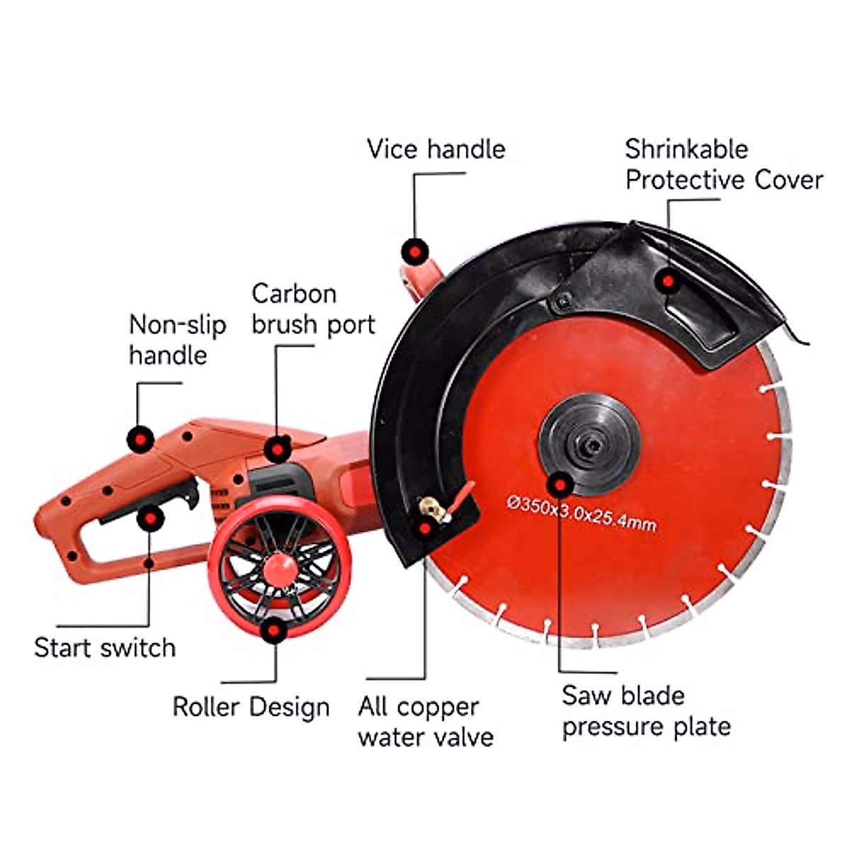 VICSEC 110V 6800W Electric Concrete Saw 14" Wet/Dry Circular Saw with 135 Saw Blade and Rolling Pulley Masonry Cutting Tool for Granite, Porcelain, Wood,Concrete, Stone, etc.