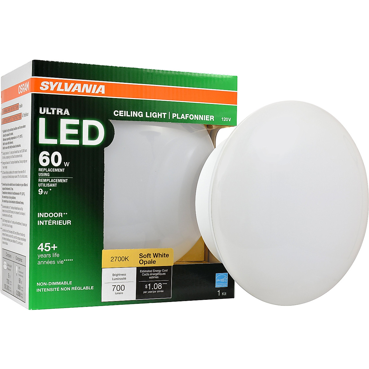 SYLVANIA Ultra LED Ceiling Light Bulb, 60W Equivalent, Efficient 9W, 700 Lumens, Frosted, Non-Dimmable, 2700K, Soft White - 1 Pack (75080)