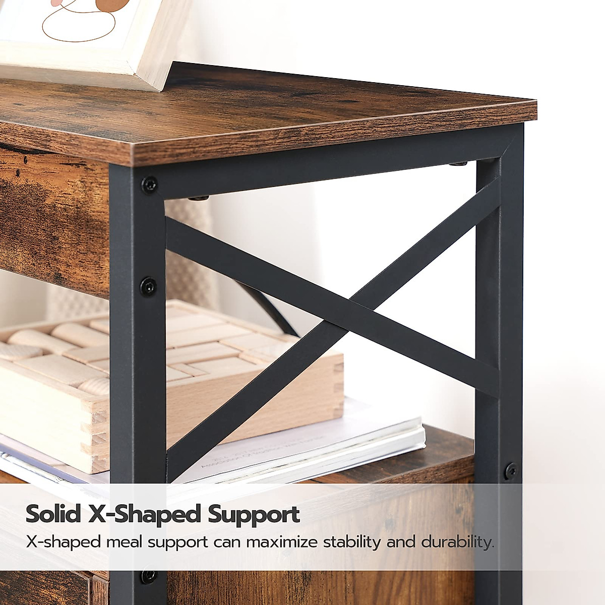HOOBRO Nightstand with Charging Station, End Table with 2 Drawer, Sofa Side Table with USB Port, Multi-Level Storage Space, for Bedroom, Adjustable Feet, Stable, Rustic Brown and Black BF138UBZ01