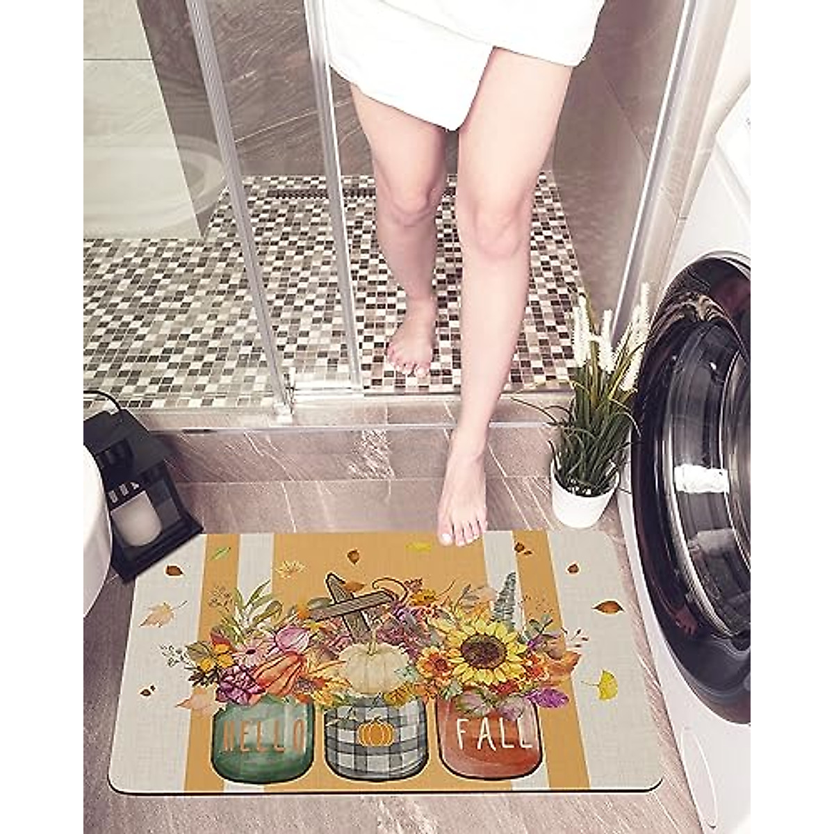 Bathroom Floor Shower Mat, Non-Slip Small Rugs - Easy to Clean, Fall Thanksgiving Sunflower Pumpkin Flower Durable Bath Rug 16"x24" Washable Quick Dry Diatomaceous Earth Mats for Bathtubs