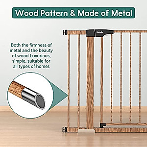 BABELIO Metal Baby Gate with Wood Pattern, 29-40" Easy Install Pressure Mounted Dog Gate, Ideal for Stairs and Doorways, with Wall Protectors and Extenders, No Tools Required