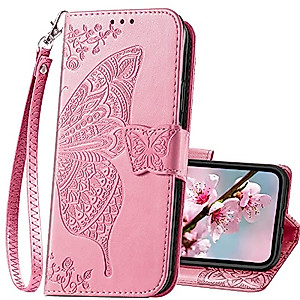 Designed for iPhone 13 Case Wallet for Women,Flip Folio Cover with Butterfly Embossed PU Leather Kickstand Credit Card Holder Slots Magnetic Wrist Strap Protective Phone Case for iPhone 13 (Pink)