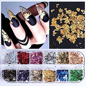 SONGJIE 24 Grid Holographic Nail Art Foil Flakes, 3D Glitter Decoration Holographic Aluminum Nail Foil Flakes Stickers DIY Design Accessories Nail Art Supplies Women Gold Nail Decals Nail Sequins