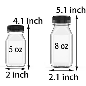 Hulless 6 Ounce Plastic Juice Bottle Drink Containers 5 Pcs Juicing Bottles with Black Lids, Suitable for Juice, Smoothies, Milk and Homemade Beverages