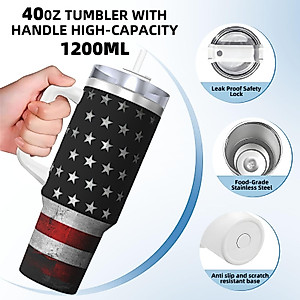 deaokluy 40 OZ American Flag Ice Bully Cup with Handle Straw Lid, Double Wall Stainless Steel Tumbler Travel Coffee Cup, Retro Insulation and Cooling Cup for Christmas Birthday Present