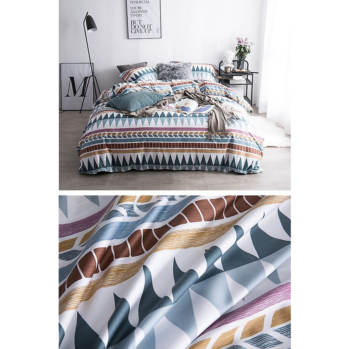 Bohemian Duvet Cover Striped Ethnic Boho Reversible Southwestern 400TC Cotton Bedding 3pc Set Navy White Orange Modern Geo Aztec Print (Queen, Teal Rust)