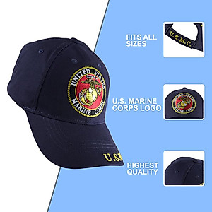 USMC Logo Hat for Men and Women, Officially Licensed Product, Adjustable Velcro Strap Baseball Cap - USMC Logo Embroidered Baseball Cap Beautifully Stitched Lettering on Front & Back (Navy Blue)