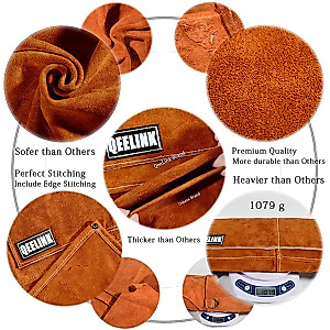 QeeLink Leather Welding Work Jacket with Leather Apron Flame-Resistant Heavy Duty Split Cowhide Leather Welder Jackets with Welding Apron for Men & Women, Small