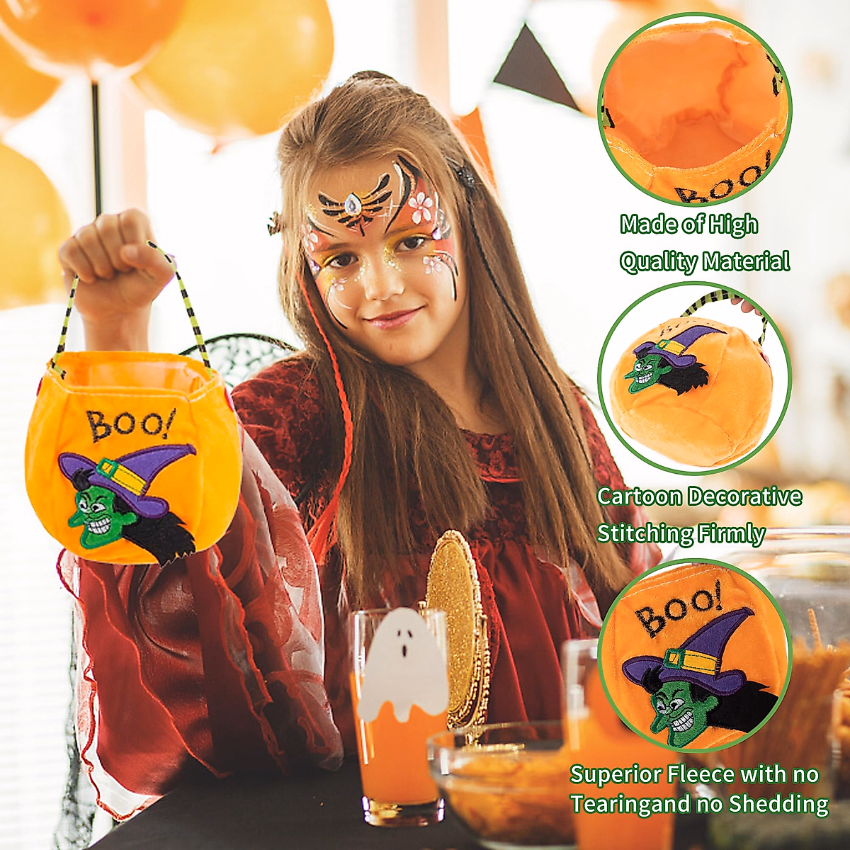 SHBLOMK 4 Pack Small Halloween Wrap Bags with Handles, Halloween Reusable Trick or Treat Candy Bags, Halloween Snacks Goodie Gift Bags Baskets for Party Favor Supplies