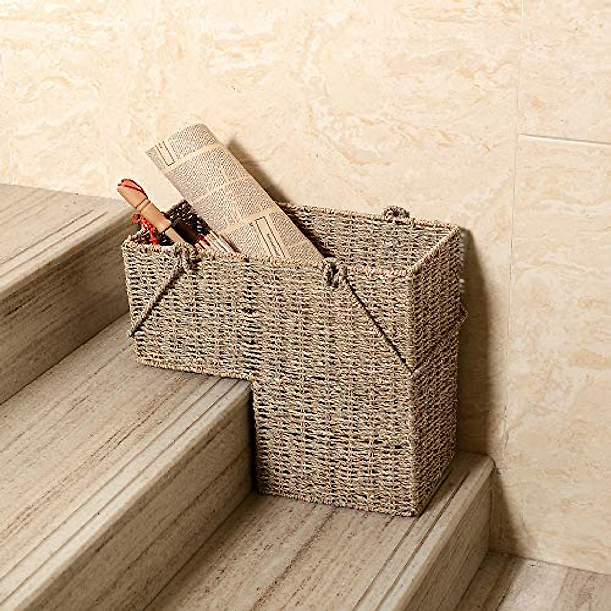 Villacera 14-Inch Wicker Stair Case Basket with Handles | Handmade Woven Seagrass in Natural Color