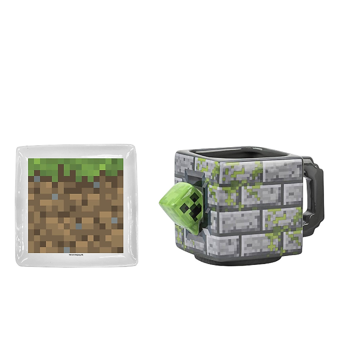Zak Designs Minecraft Ceramic Sculpted Mug and Plate Set for Coffee, Tea, Breakfast or Dessert, 3D Character Collectible Keepsake (2-Piece, Non BPA, Creeper)