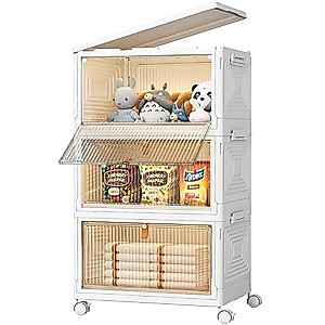 JONYJ Storage Bins with Lids 32Qt, 3 Packs Stackable Storage Bins with Wheels, Magnetic Door, Leather Handle, Plastic Storage Containers for Bedroom, Living Room, Kitchen, Bathroom (Large)