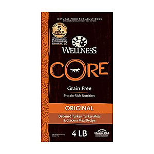 Wellness CORE Grain-Free High-Protein Dry Dog Food, Natural Ingredients, Made in USA with Real Meat, All Breeds, For Adult Dogs (Original Turkey & Chicken, 4-Pound Bag)