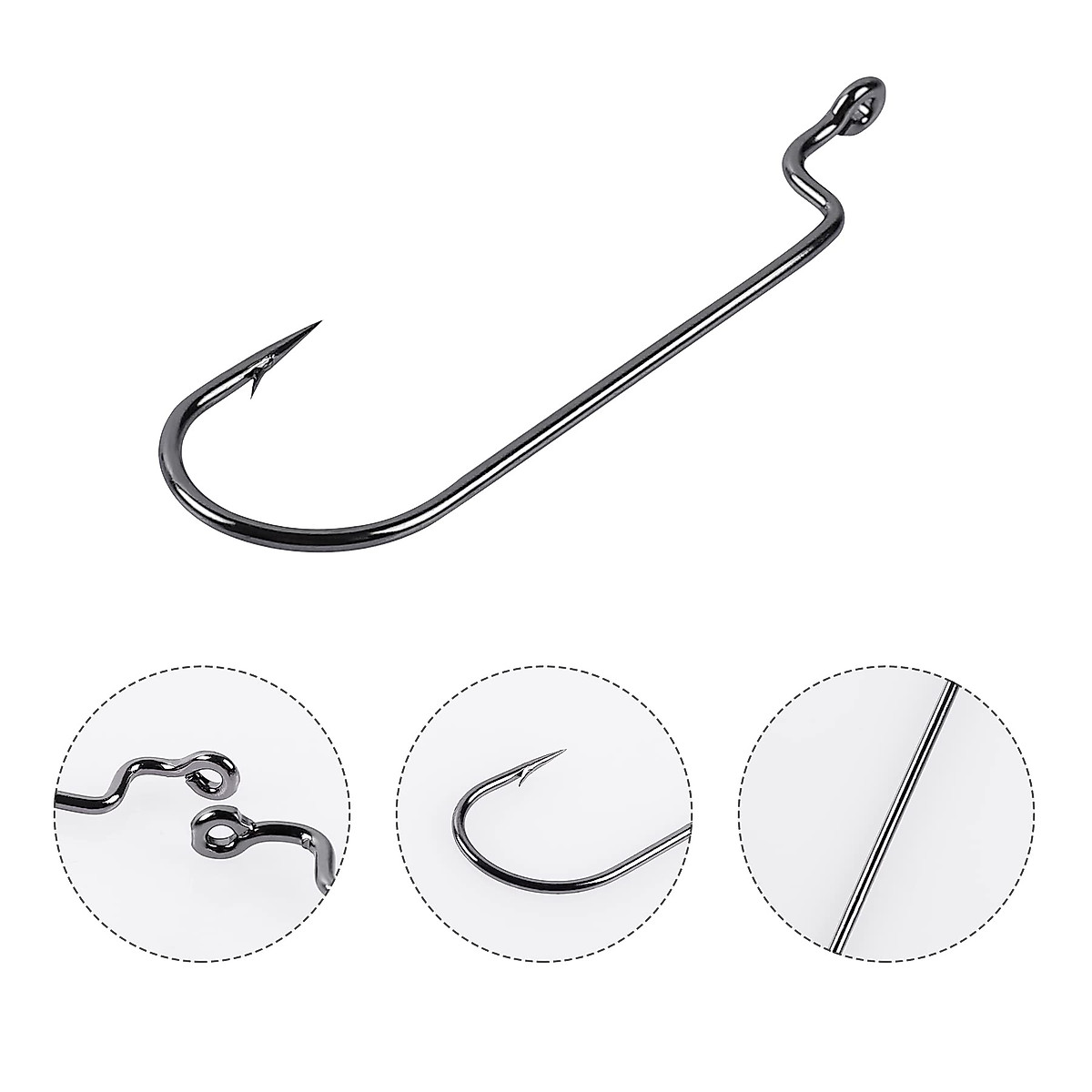 UCEC 100pcs/Box Fishing Hooks Worm Hooks Offset Shank Round Bend Worm Hooks Bass Hooks High Carbon Steel Saltwater Freshwater - 6 Sizes: #1 1/0 2/0 3/0 4/0 5/0