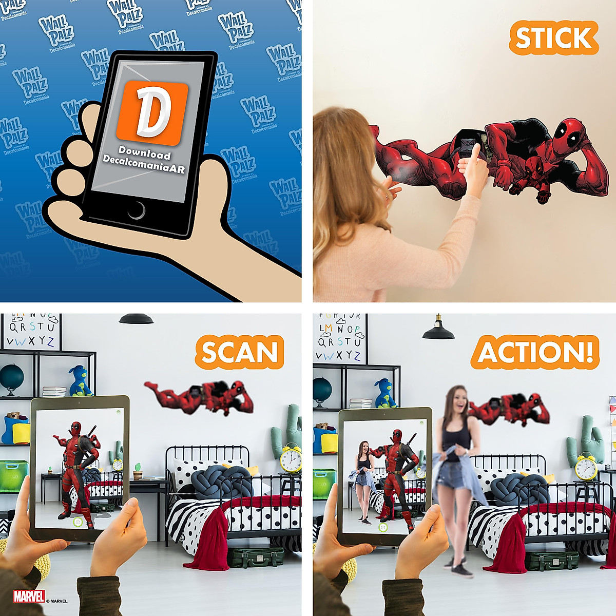Wall Palz Marvel Deadpool Wall Decal - Deadpool Wall Stickers with 3D Augmented Reality Interaction - Deadpool Sticker for Walls 12" x 34" Marvel Room Decor