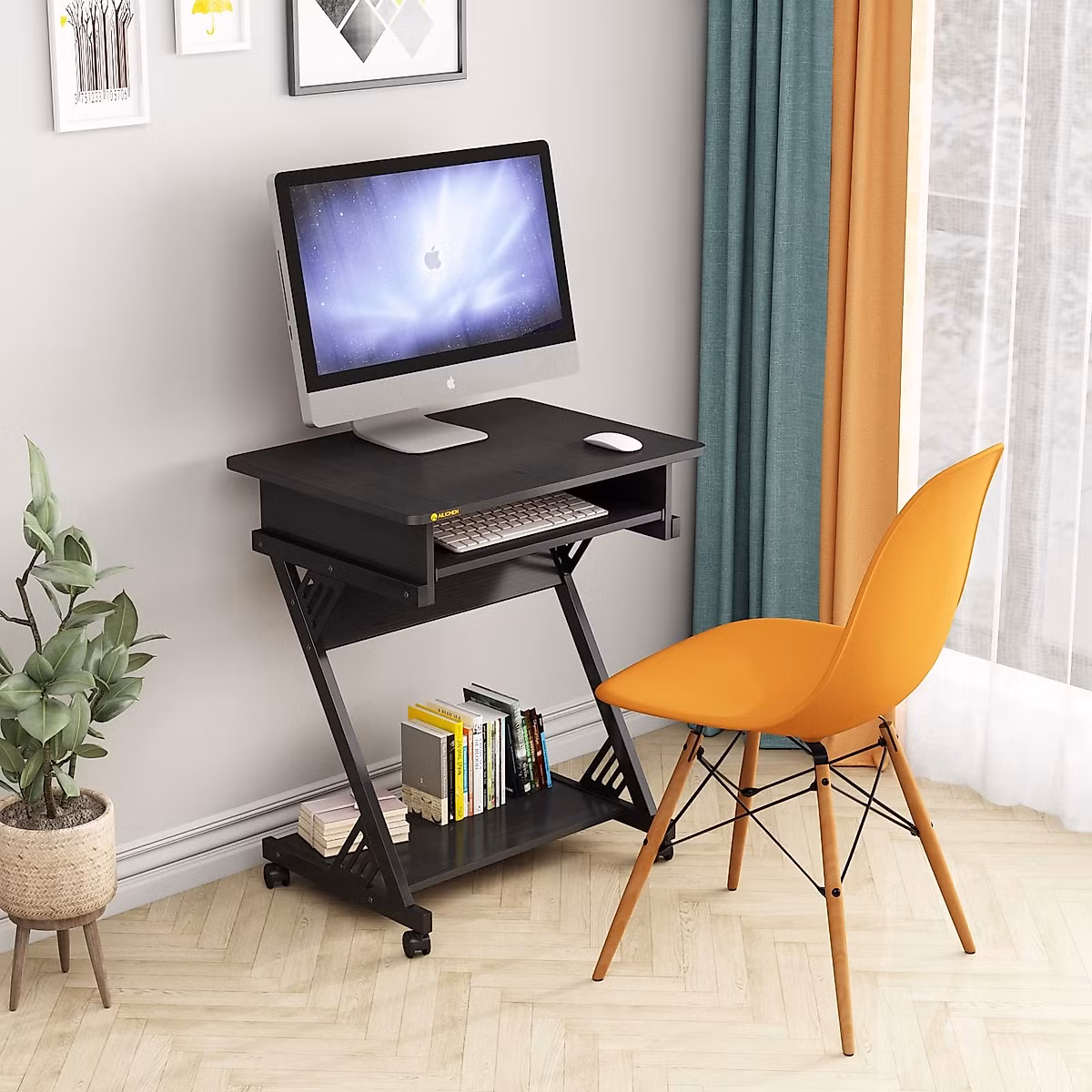 MULKGLOBAL Rolling Computer Desk with Keyboard Tray Compact Computer Cart with Storage Mobile Computer Desk for Small Space,Black