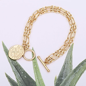 PEARLADA 3-Row 18K Gold Chain Bracelet Dainty Cross Medallion Charm Bracelet OT Toggle Bangle Handmade Stacking Layering Jewelry Fashion Long and Short Oval Link Bracelet for Her