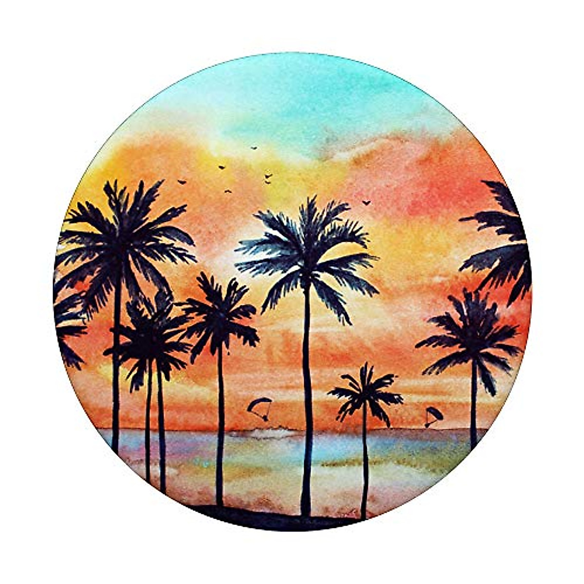 Sunset Beach Watercolor Scene Tropical Palm Trees