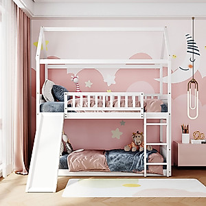 Harper & Bright Designs House Bunk Bed for Kids Toddlers, Twin Over Twin Bunk Beds with Slide, Playhouse Farmhouse Roof Guardrail Ladder, for Girls & Boys (Bunk Bed, White)