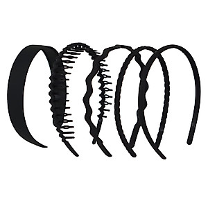 Xiaocao8 5PCS Non Slip Plastic Headbands for Women and Girls Wide Head Bands with Teeth Black Blue White Coffee Pink Green Hair Bands (Black)