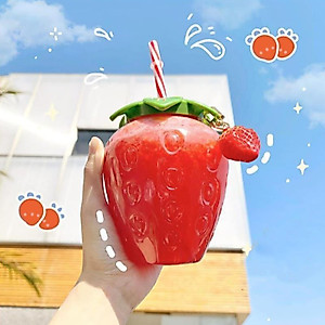 DULRLLY 17 Oz Strawberry Cups with Straw and Strawberry Pendant Kawaii Cup with Lid Portable Cute Water Bottle Mug for Gift Home Office School for Boba Tea