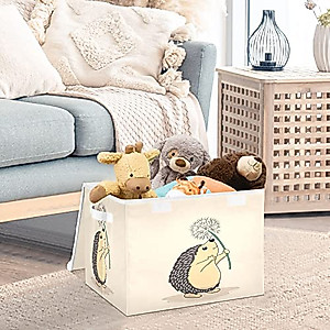 Krafig Cartoon Retro Animal Hedgehog Foldable Storage Box Large Cube Organizer Bins Containers Baskets with Lids Handles for Closet Organization, Shelves, Clothes, Toys