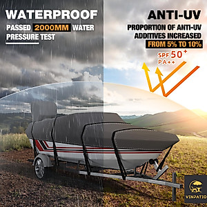 VINPATIO Trailerable Boat Cover, 600D Solution-Dyed Bass Boat Cover, 17-19 ft Heavy Duty 100% Waterproof Boat Covers Fits V-Hull Runabout Fishing Ski Pro-Style Bass Boats, Beam Width up to 96"