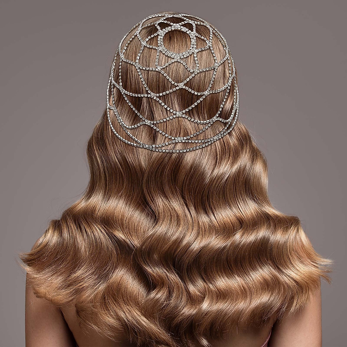 Juexica Rhinestone Mesh Headpiece for Women Head Chain 20s Cap Crystal Head Jewelry Flapper Headpiece Accessories for Bridal Party (Silver)