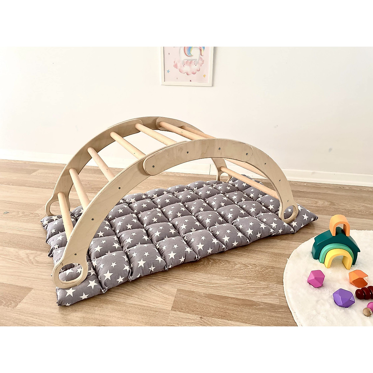 My Photostation.com Montessori 2 Pieces Set Arch and Pillow-Wooden Climbing Arch Cushion Pikler Triangle Set Kids Climbing Arch Rocker Pillow Climber Toddler Rocker Kid Toy Wooden Waldorf Pickler
