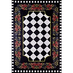 BESPOKY Noginsk Black Floral, Cotton Polyester Area Rug, Machine Washable Rug, Non Slip Rug, Living Room, Bedroom, Nursery, Hallway, Corridor, Rug, Indoor Outdoor Area Rug