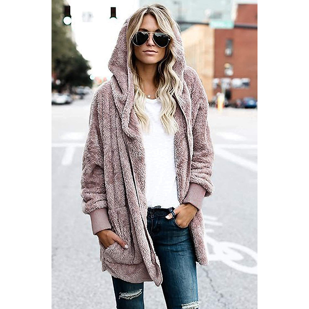 Zilcremo Women Hooded Cardigan Fuzzy Jacket Winter Open Front Fleece Coat Outwear with Pockets Purplish Brown XL