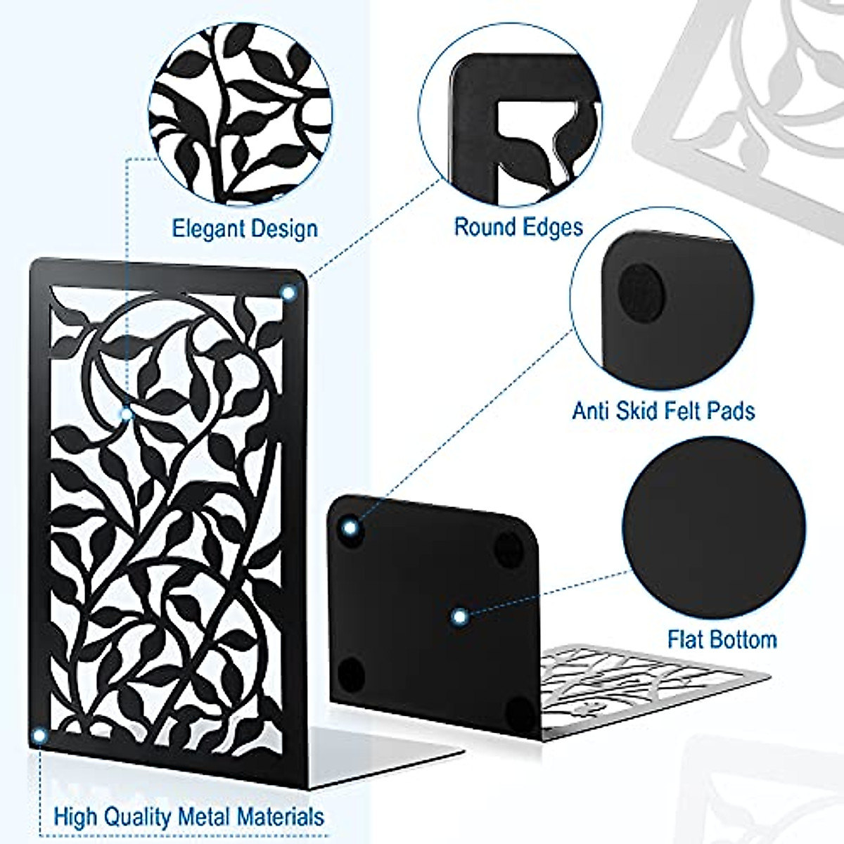 3 Pairs Metal Bookends for Shelves Decorative Tree Book Holder Leaf Bookends Geometrical Art Design Book Stopper for Book Divider Decorative Holder, Home, Office, School Supplies (Black, Tree Shadows)