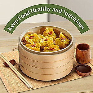 Flexzion Bamboo Steamer Basket Set (8 inch), 50 x Steamer Liners and 2 Pairs of Chopsticks, Steam Baskets for DimSum Dumplings, Rice, Vegetables, Fish and Meat