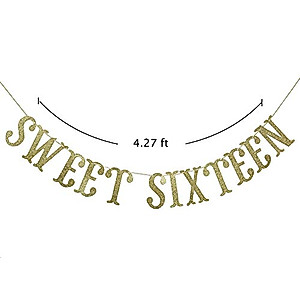Sweet Sixteen Birthday Banner Gold Glitter for 16th Birthday Party Decor 16 years old Decoration Supplies Cursive Bunting Photo Booth Props Sign
