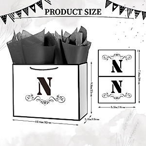Letter Gift Bag with Wrapping Tissue for Men Women Boy Girl, 12" Large White Black Paper Bag for Birthday Anniversary Baby Shower Wedding Party - Single N