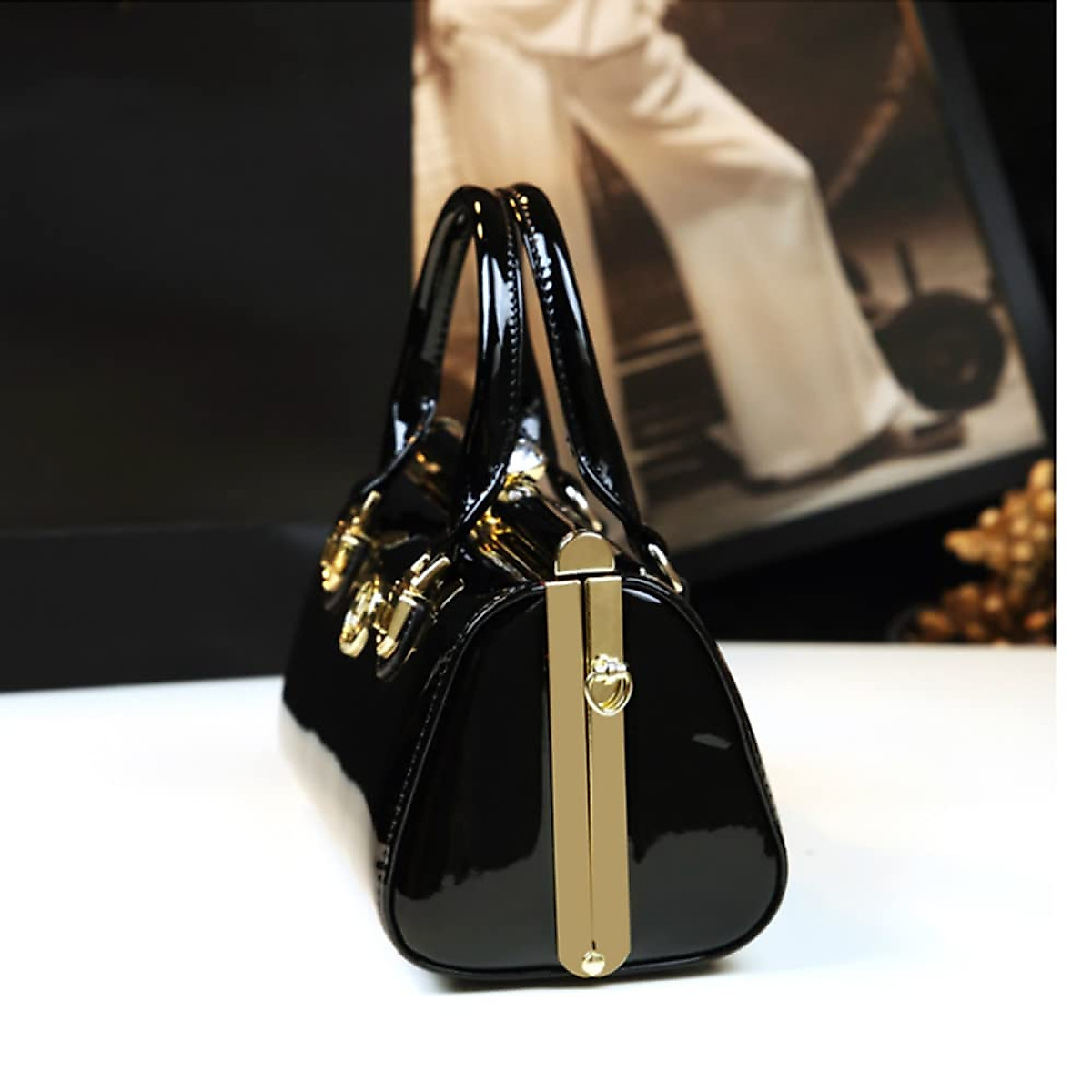 Shirt Luv Genuine Leather Women's Top Handle Satchel Crossbody Handbags Evening Bag Purses Small Hard Shoulder Bags (Black)