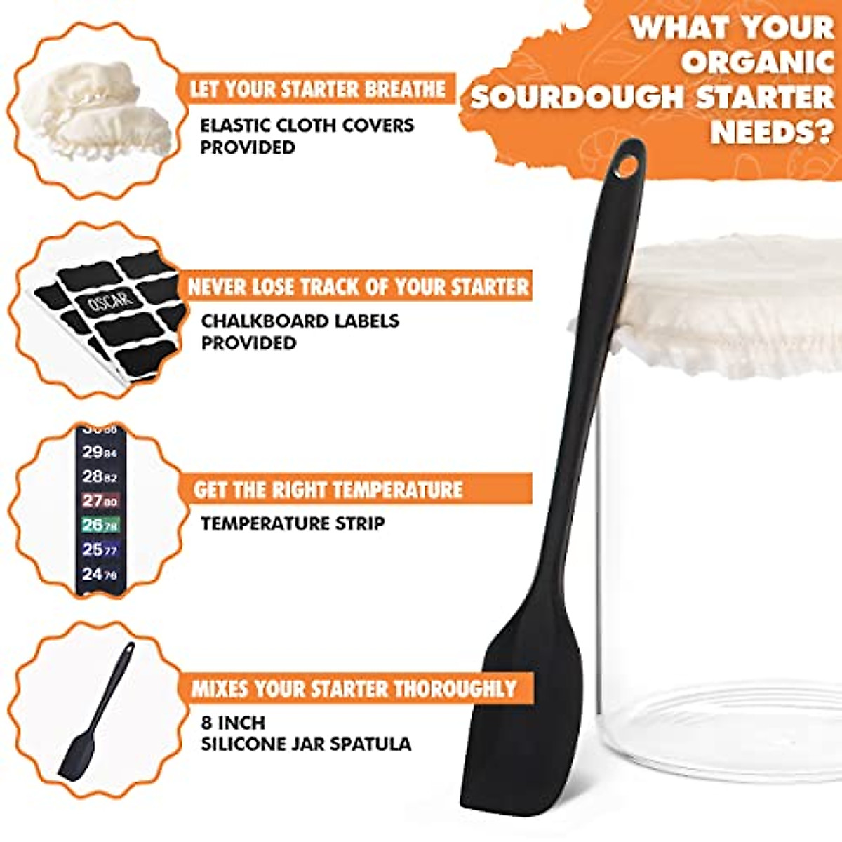 Oscar's Bakery- Sourdough Starter Jar Wide Mouth- Glass Sourdough Crock with lid- 40 oz. Sourdough Starter kit with Accessories & Recipe. Sour dough Container for making Bread (Starter Not Included)