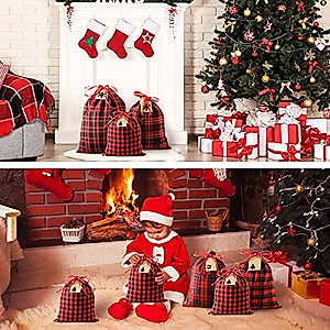 8 Pieces Xmas Plaid Drawstring Bags Fabric Present Bags Xmas Stocking Storage Sack Party Favors Xmas Bags for Christmas Party Decoration Supplies, 3 Sizes (Red and Black)