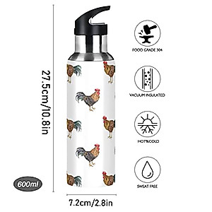 Oarencol Watercolor Rooster Water Bottle Stainless Steel Vacuum Insulated Thermos with Straw Lid 20 Oz