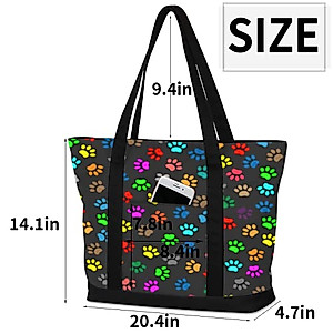 Colorful Cat Dog Paw Canvas Totes Shoulder Bag for Women Girls, Animal Paw Print Handbag with External Pockets Daily Essentials Large Top Zipper Cloth Bag