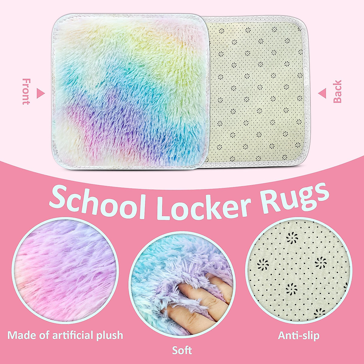 2 Pcs School Locker Rugs,12''Soft Fluffy Faux Fur Area Carpet with Anti-Slip Layer,Tie-dye Square Locker Decorations Aesthetic Nail Photography for Girls (Pink, 12×12in)