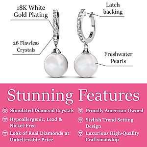 Cate & Chloe Daphne 18k White Gold Plated Dangle Pearl Earrings | Silver Hoop Pearl Earrings for Women | Drop Dangle Earring Set with Crystals, Fashion Jewelry for Women, Gift for Her
