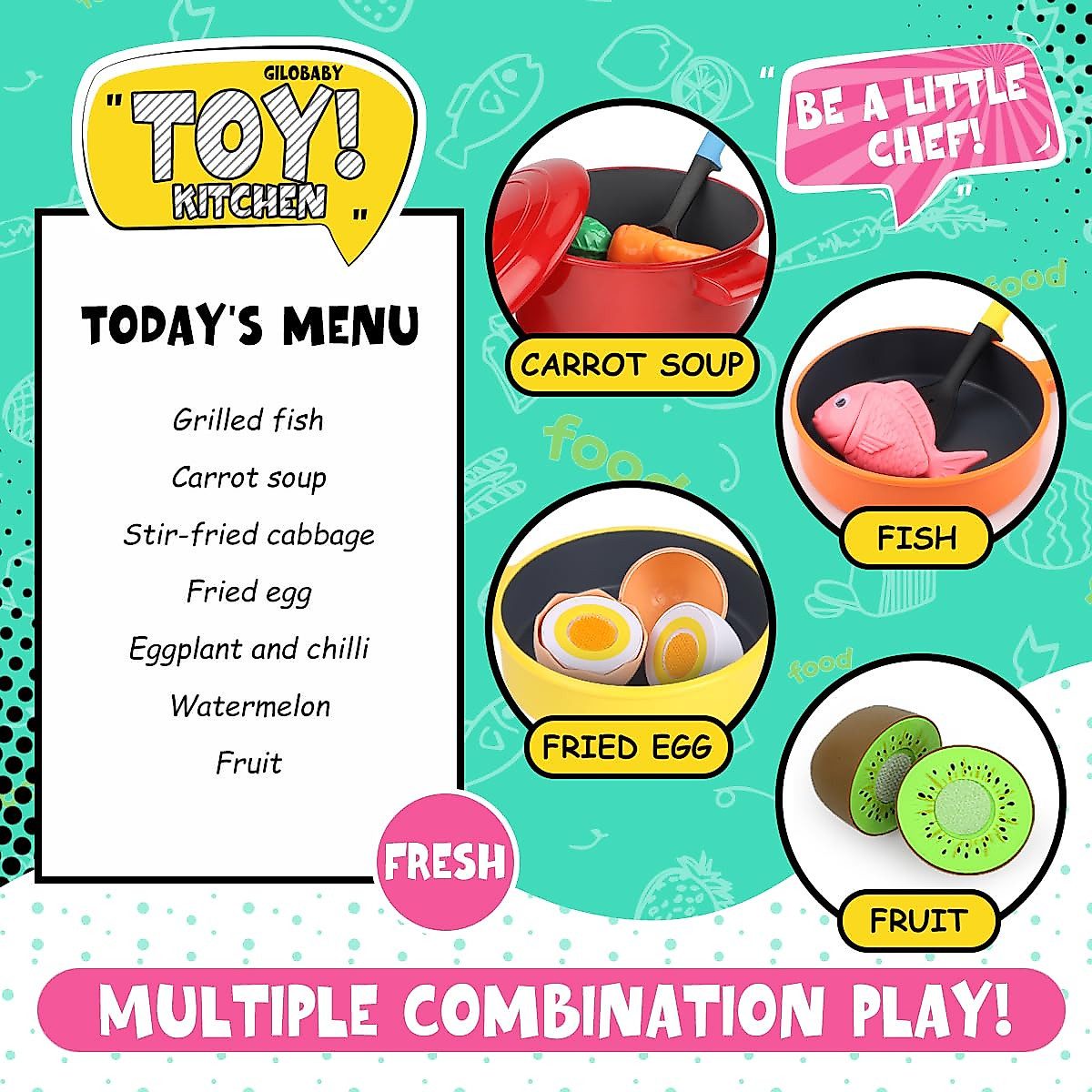 GILOBABY Play Kitchen Accessories, Play Food Sets for Kids Kitchen Playset with Pots and Pans Set, Cooking Utensils, Preschool Learning Education Toys for Toddlers, Birthday Gifts for Girls (Red)