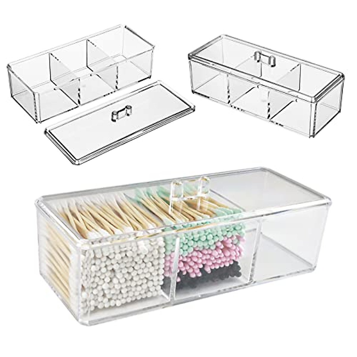 Clear Cotton Ball and Swab Holder 3 Divided Compartments with Lid, Transparent Acrylic Dresser Organizer, Waterproof Bathroom Organizers Small Plastic Storage Containers, Vanity Makeup Organization