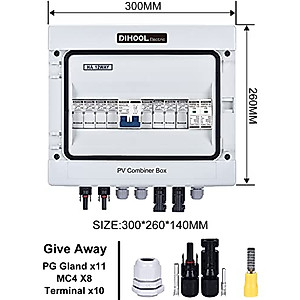 DIHOOL 4 String PV Solar Combiner Box for Solar Panels 10 Amp Fuse UV-Proof IP65 Waterproof Box DC500V
